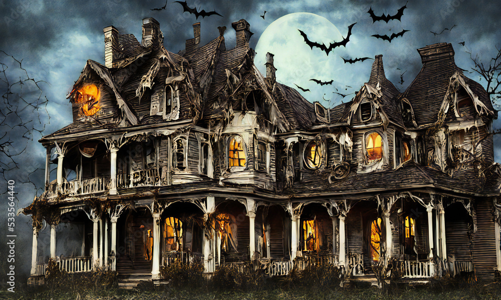 haunted house, very old derelict mansion with mysterious orange lights ...
