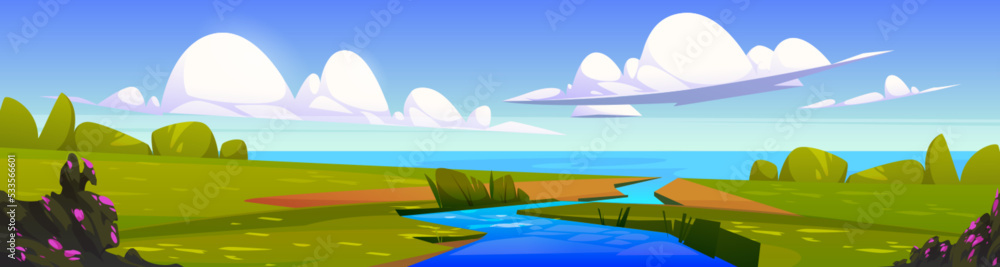 Vecteur Stock Summer landscape with river flowing into sea. Nature ...