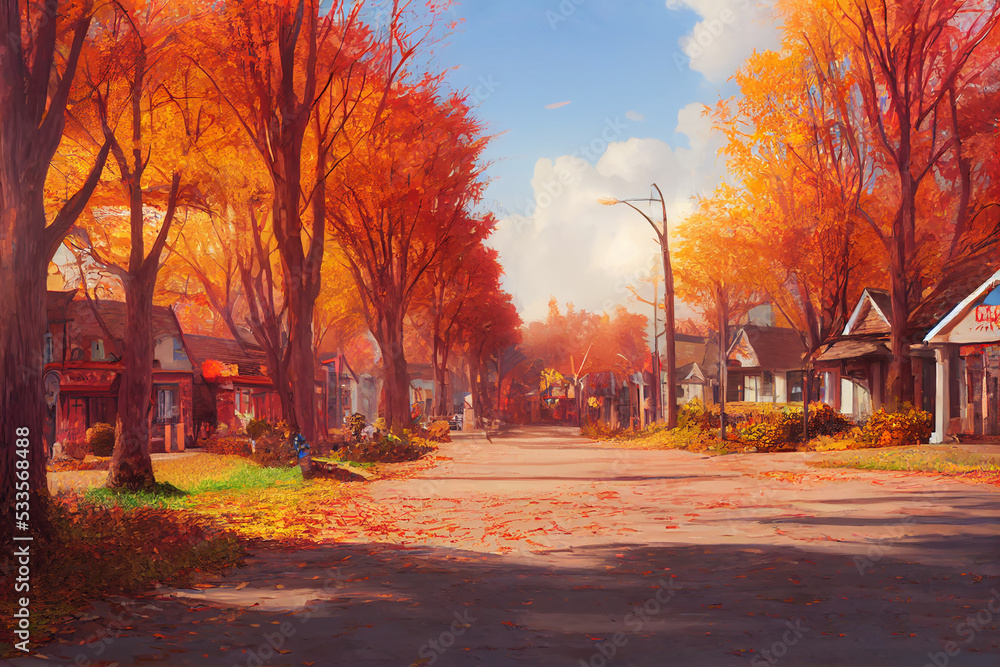 autumn trees on a suburban street background, concept art. digital ...