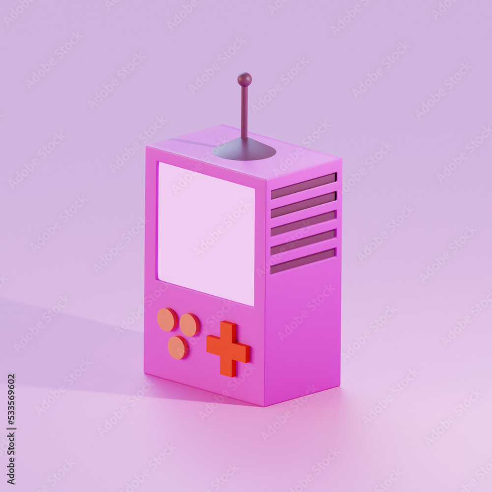 Game console 3d render. Retro Dendy console with blank screen. Portable ...