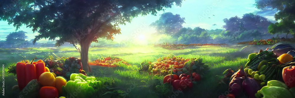 magical field with big fruits and vegetables Stock Illustration | Adobe ...