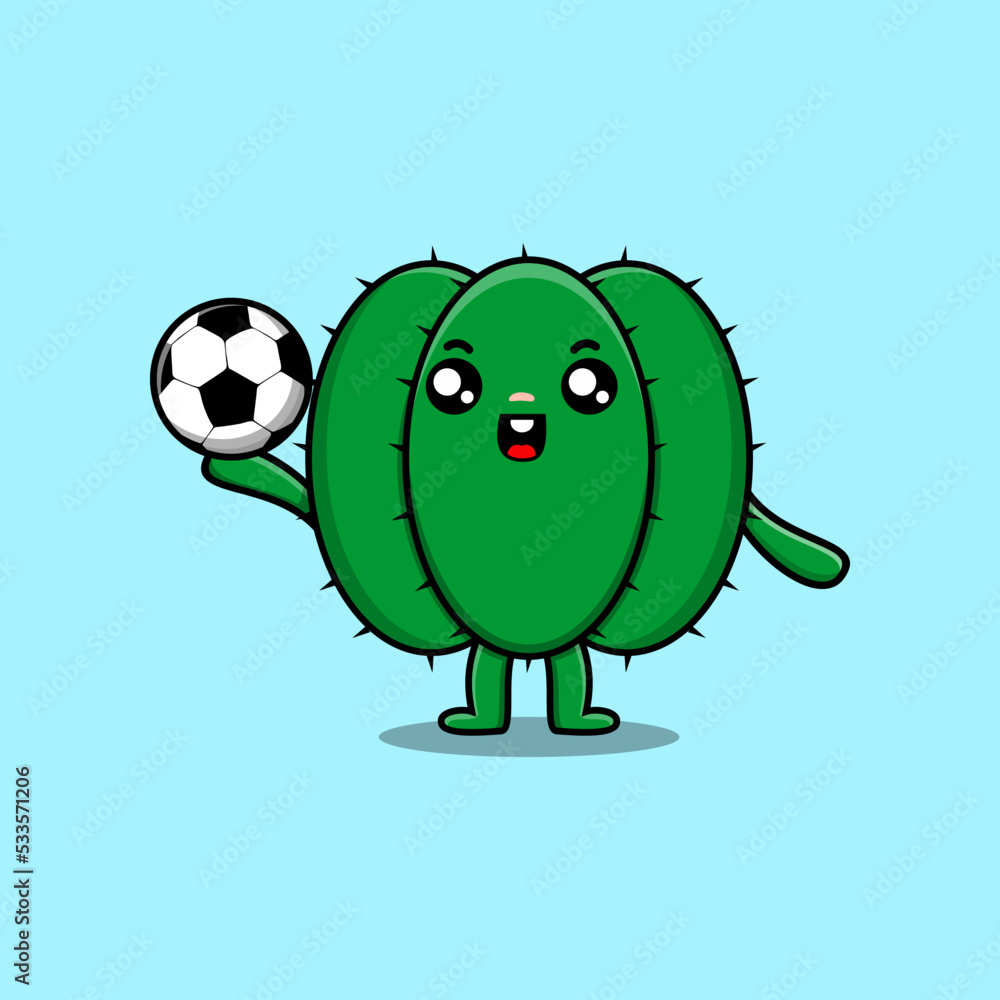Cute cartoon cactus character playing football in flat cartoon style ...