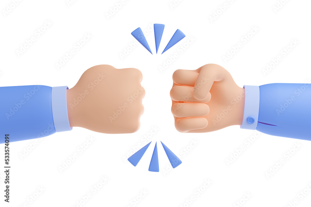 3d render hands giving fist bump. Business concept of partnership, friendship, team power and ...