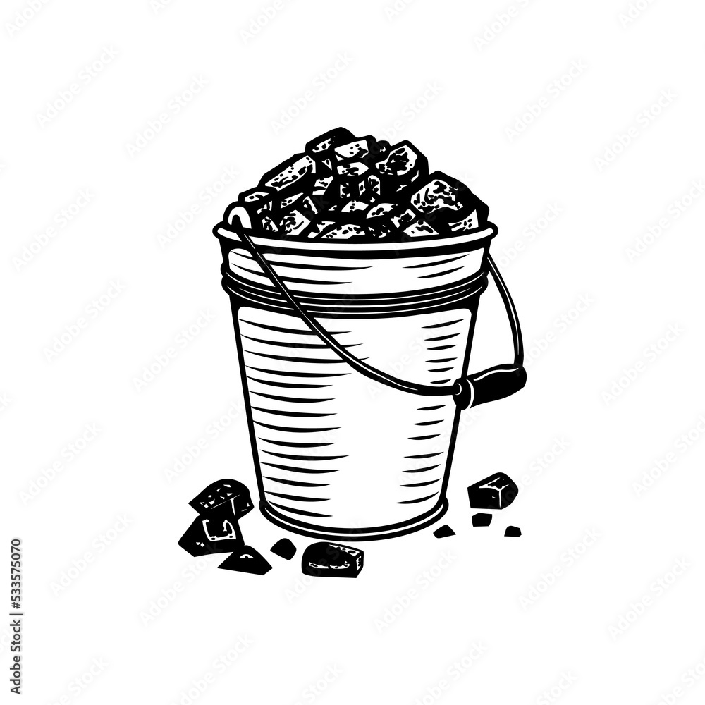 .Bucket with coal.Hand draw vector illustration. Isolated object on a ...