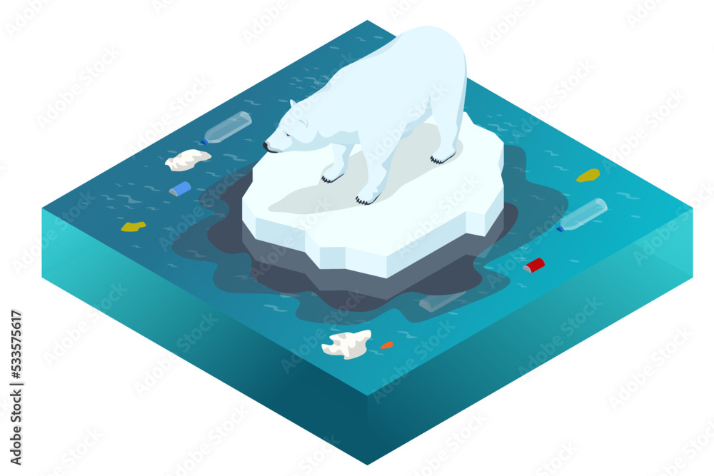 Isometric global warming concept. Polar bear on ice floe. Melting ...