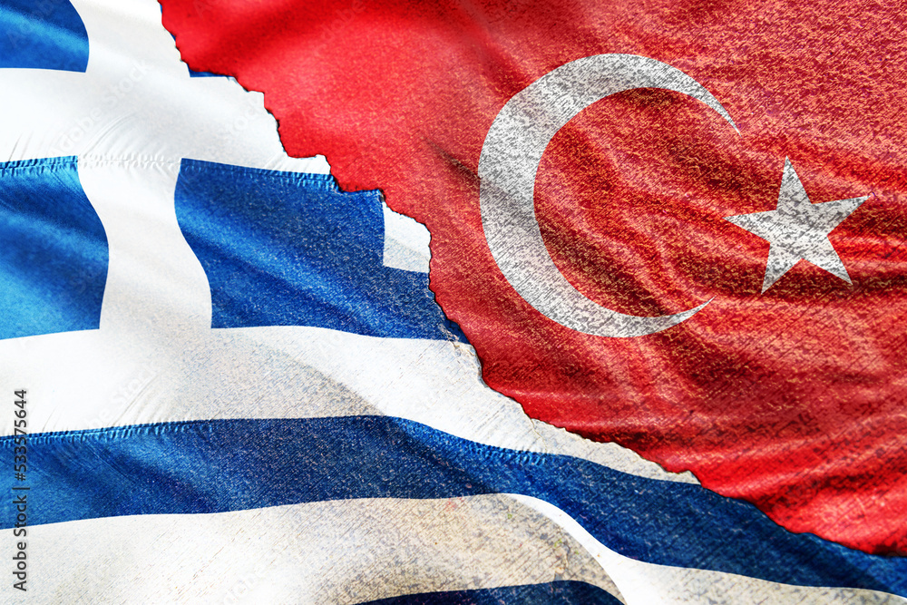 Turkey VS Greece national flags isolated on cracked wall background, 3D ...