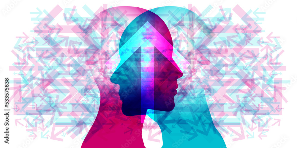 A female and male face-to-face silhouette overlaid with various sized ...
