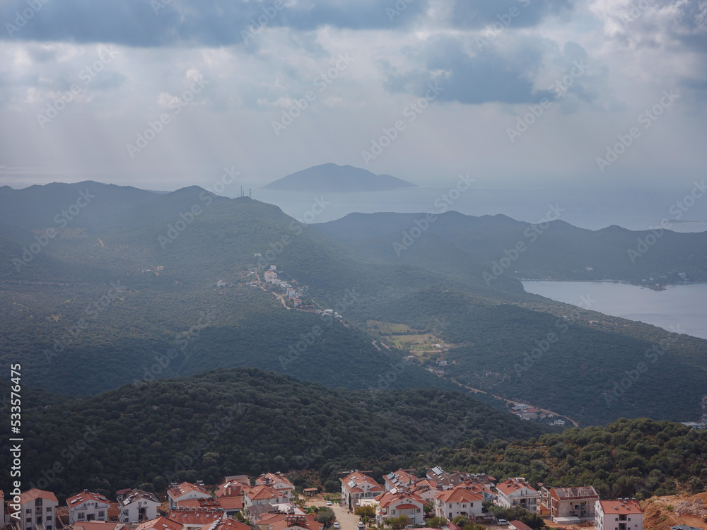 Harbour of city Kas or Kash in Turkey and Greek island Kastelorizo ...