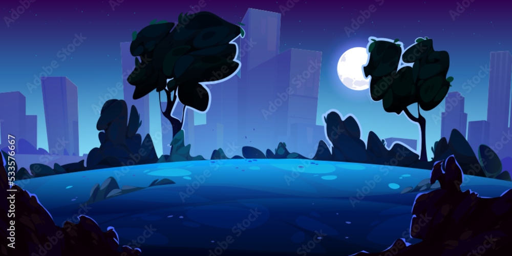 Midnight city with moonlit public garden. Cartoon vector illustration ...