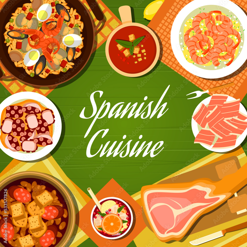 Spanish cuisine meals menu cover page. Seafood paella, Iberian ham and ...