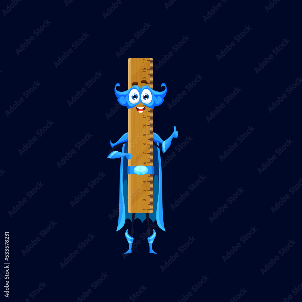 Cartoon school ruler superhero character. Isolated vector funny ...