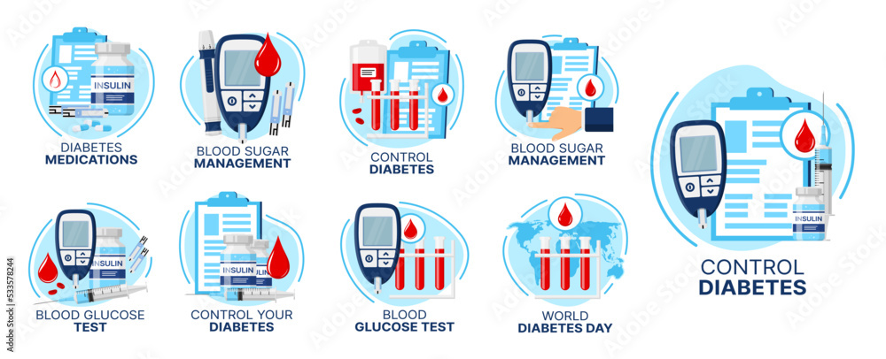 Poster Diabetes care icons, blood sugar test, insulin and glucose ...