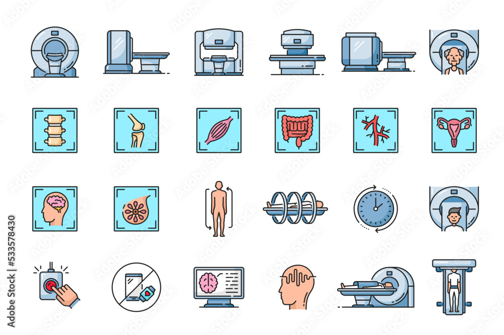 MRI scan diagnostic color icons. Medicine diagnostic equipment ...