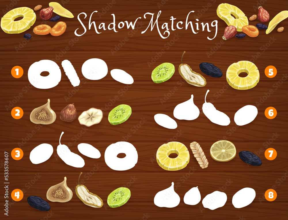 Shadow matching game worksheet. Dried fruits. Kids quiz or riddle ...