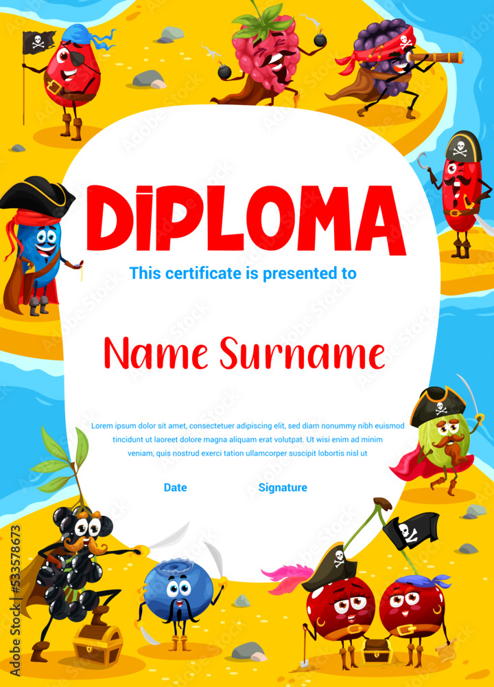 Kids diploma. Cartoon berry pirates corsairs treasure island. Education ...