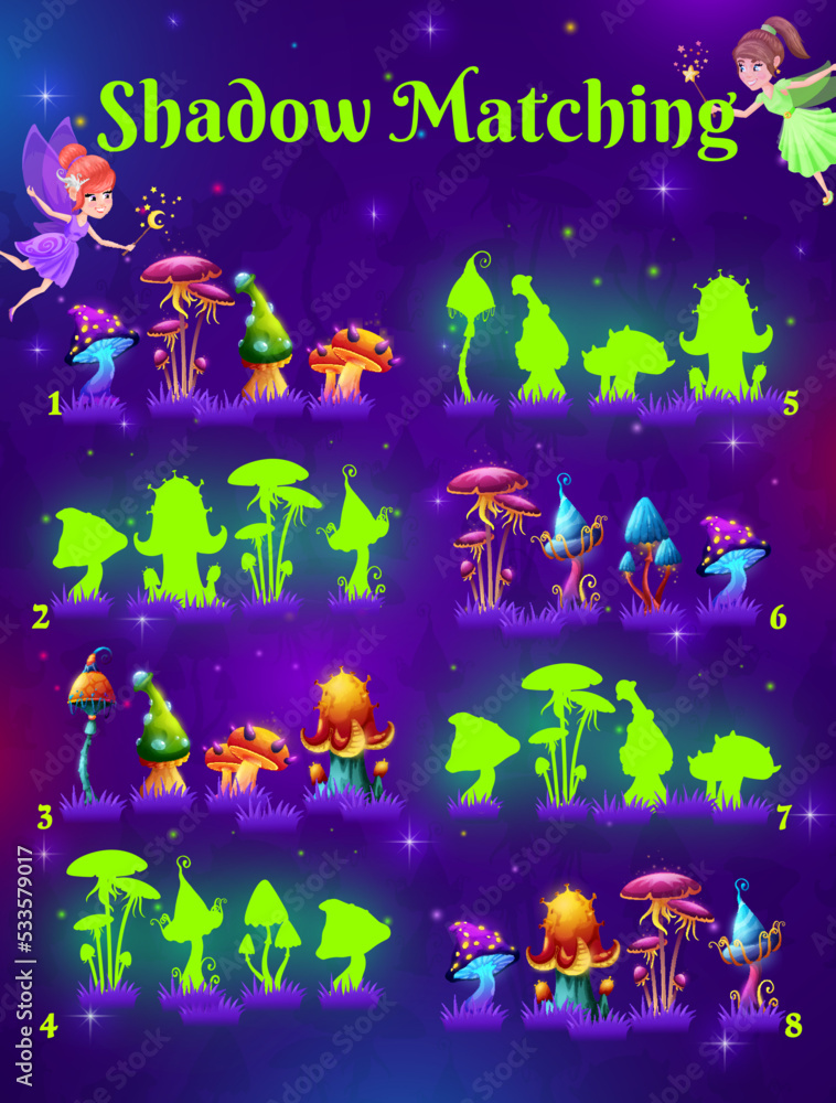 Shadow matching game, cartoon magic mushrooms on meadow. Find correct ...