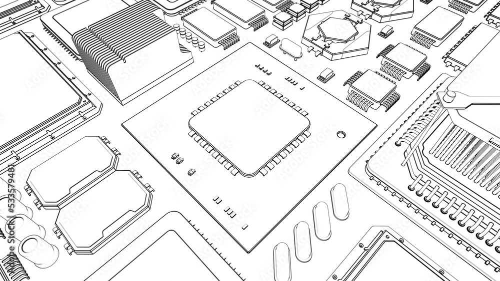 CPU chips on the motherboard . monochrome 3d illustration in white with ...