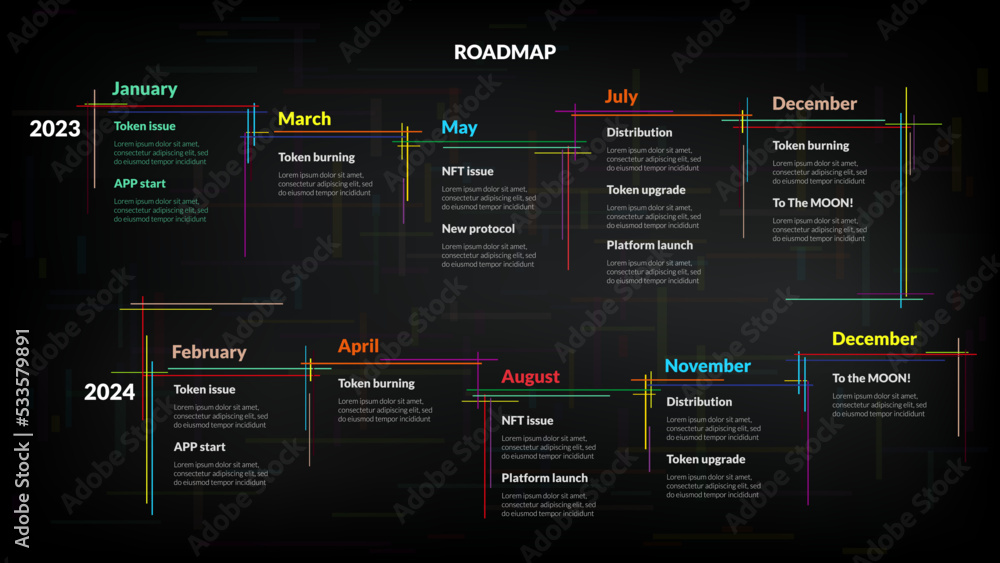 Roadmap with sections from colored lines and copy space on dark ...