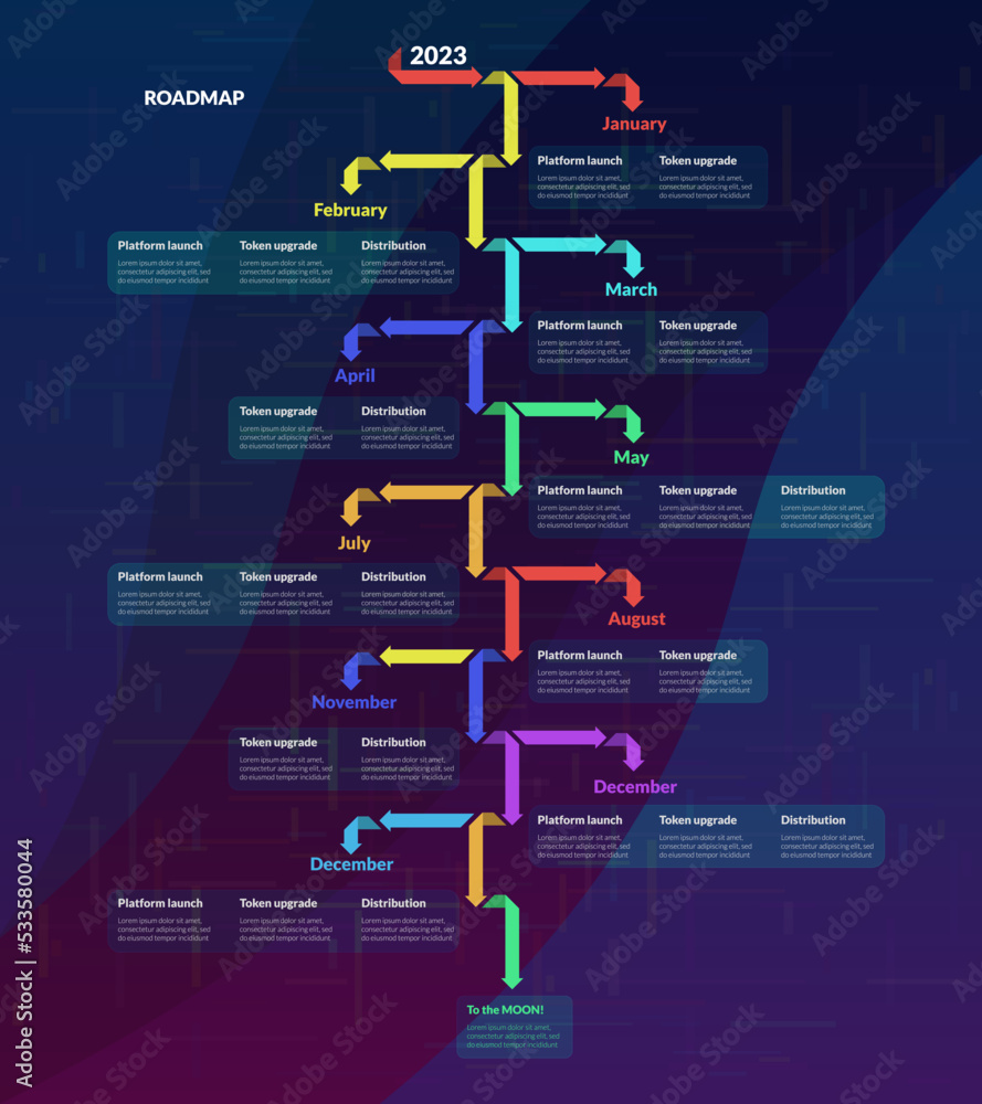 Roadmap with colored arrows on dark background. Vertical infographic ...