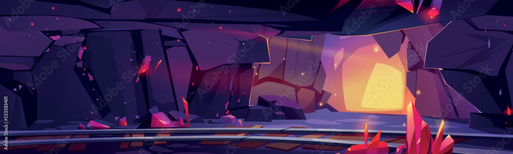 Mine tunnel with red crystals, rails and light from entrance ...