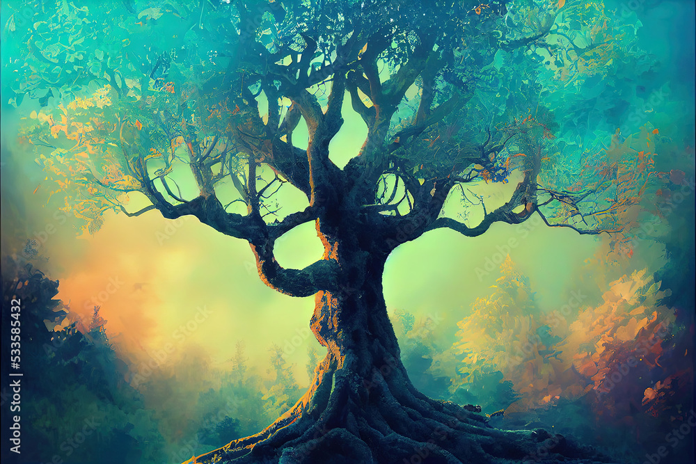 Old magic tree with roots in the forest. Digital 3d Illustration Stock ...