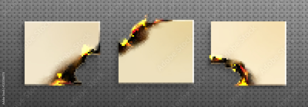 Square paper notes with burning angles, burnt pages with smoldering ...