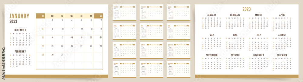 2023 calendar template. Week starts on Sunday. Brown premium office ...