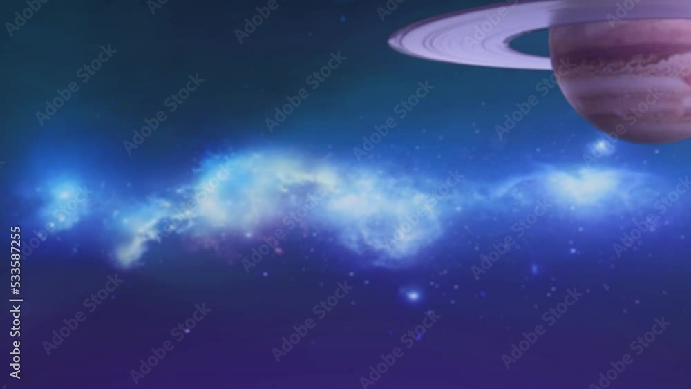 3D render animation of Saturn, starry sky, milky way, nebula and flying ...