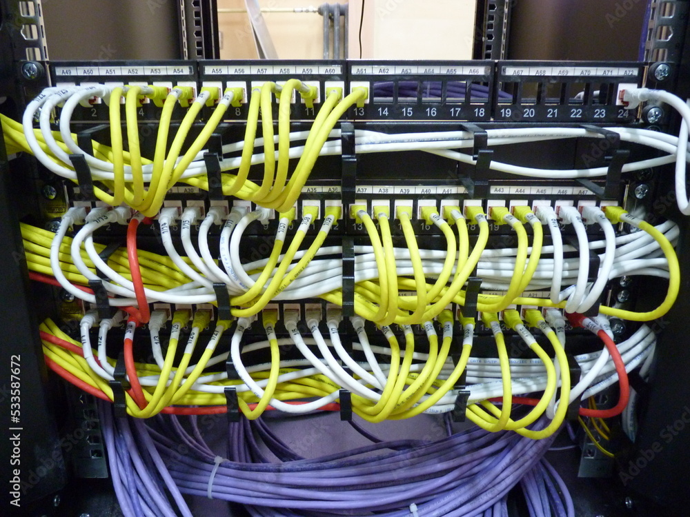 The front of the UTP LAN cable with sticker label connected line ...