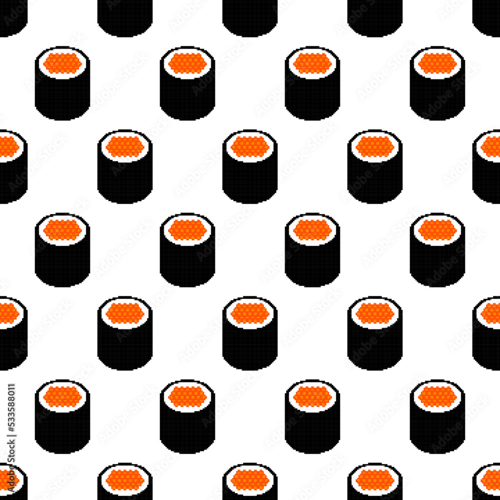Pixel sushi seamless pattern. 8-bit sushi roll with caviar. Pixel art ...