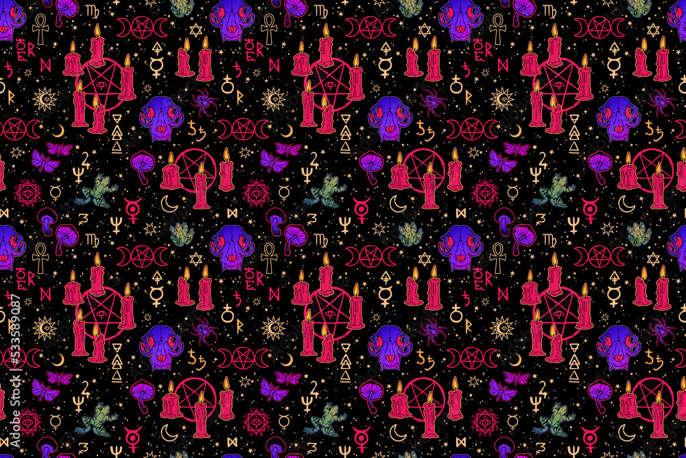 Magical pentagrams and symbols. Ritual candles and animals. Seamless ...