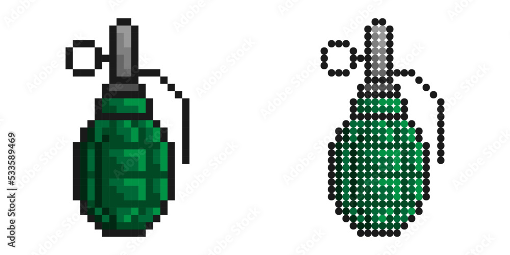 Pixel icon. Combat hand fragmentation ribbed grenade with cube. Simple ...