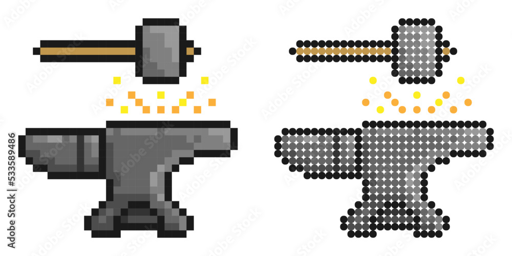 Pixel icon. Hammer hits the anvil. Blacksmith craft, production of metal products. Simple retro ...