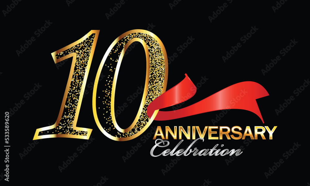 10 Year Anniversary celebration Vector Design with red ribbon and ...