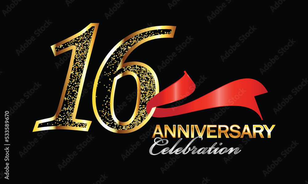 16 Year Anniversary celebration Vector Design with red ribbon and ...