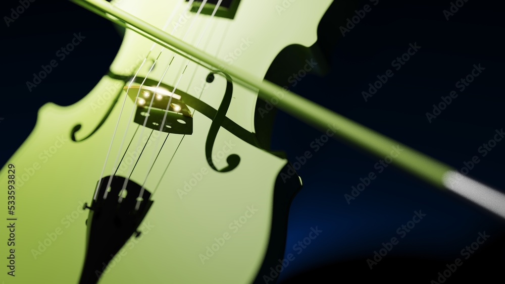 Lime green classic violin on blown planes under spot lighting blue ...