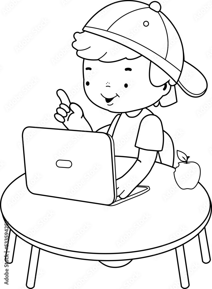 Child on his desk at school using the computer. Vector black and white ...