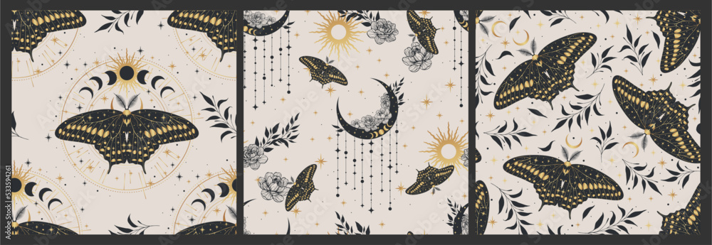 Set of esoteric alchemy mystical magic patterns. Crescent, sun, stars ...