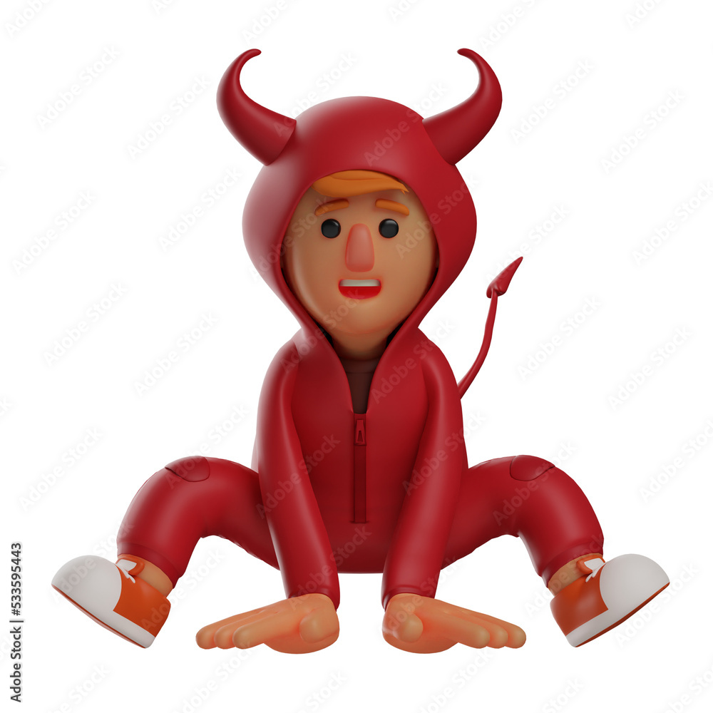 3D illustration. Cool Red Devil 3D cartoon making funny poses. sit with ...