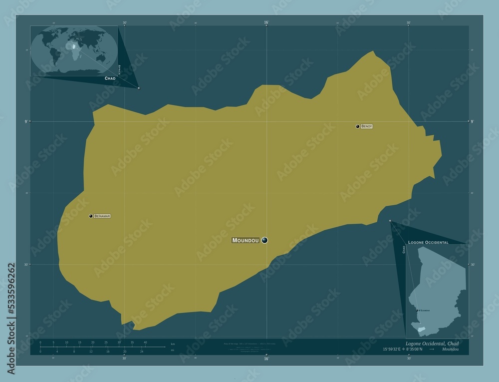 Logone Occidental, Chad. Solid. Labelled points of cities Stock ...