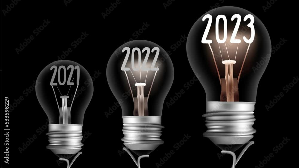 Shining light bulb with number 2023 and group of dark light bulbs in a ...