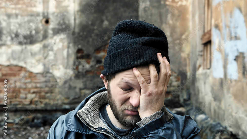 Civilian is upset and grieves over his war-ravaged home. Homeless man ...