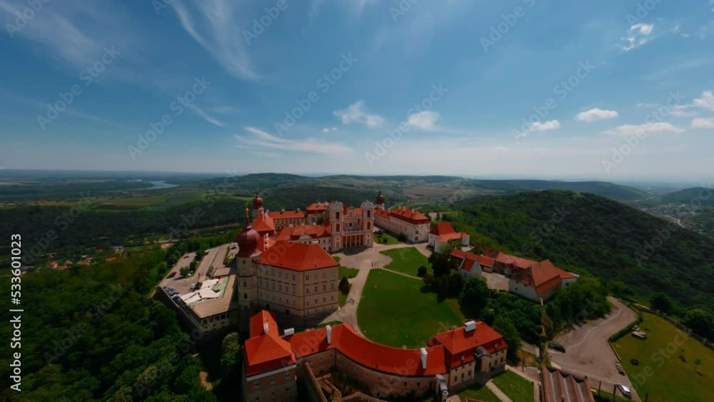 FPV Overtake Shot Of Holy Göttweig Abbey Monastery Located Top of Hill ...