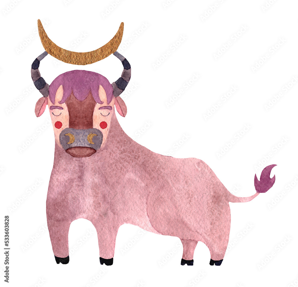 Taurus sign character in cartoon style. Watercolor hand drawn image ...