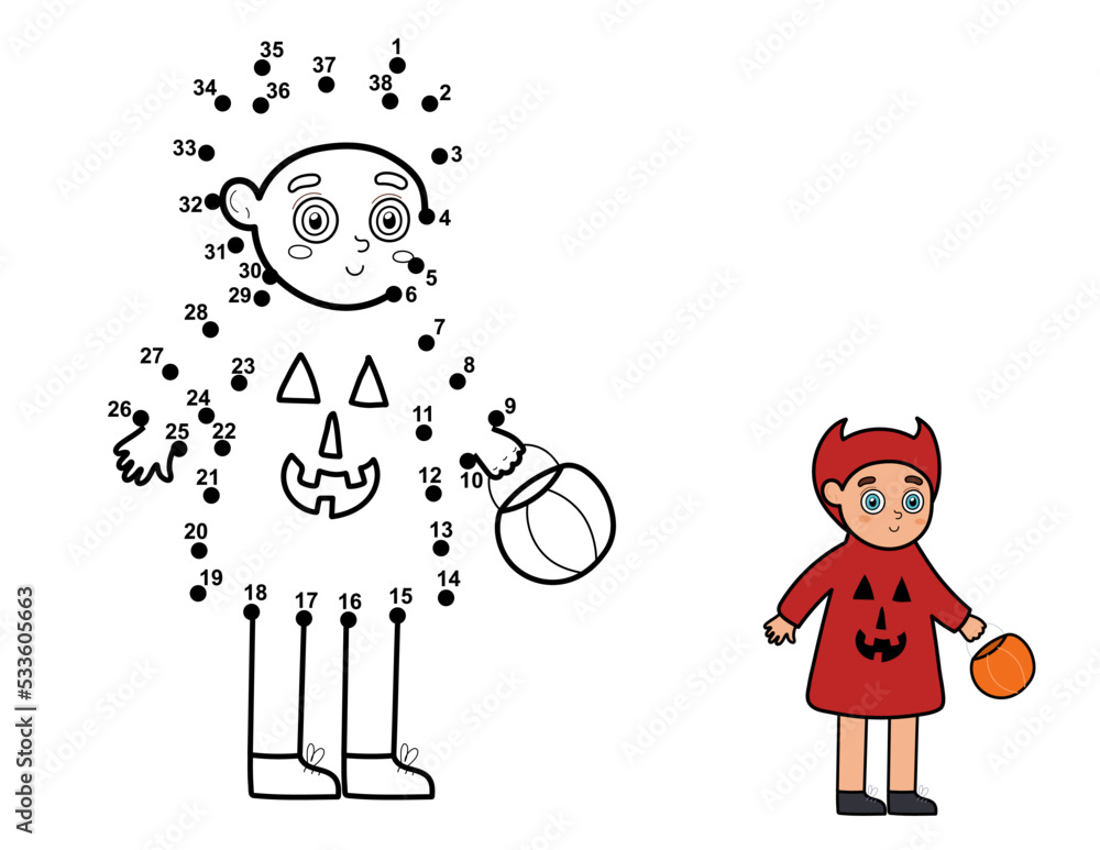 Dot to dot game for kids. Connect the dots and draw a cute kid in devil ...