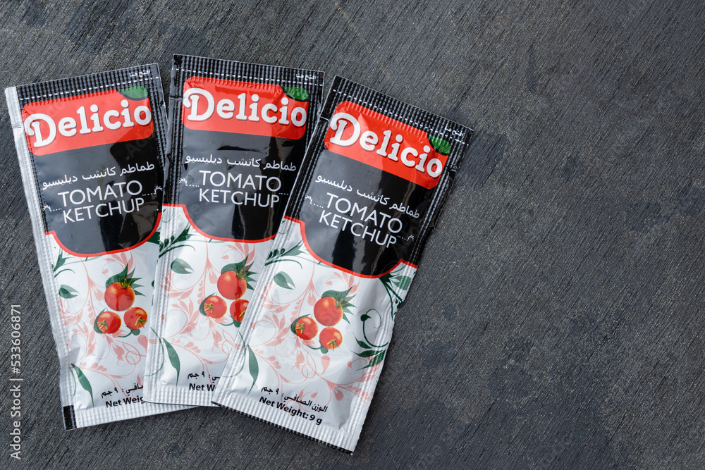 Doha, Qatar - September 27, 2022: Packets of single serving Delicio ...