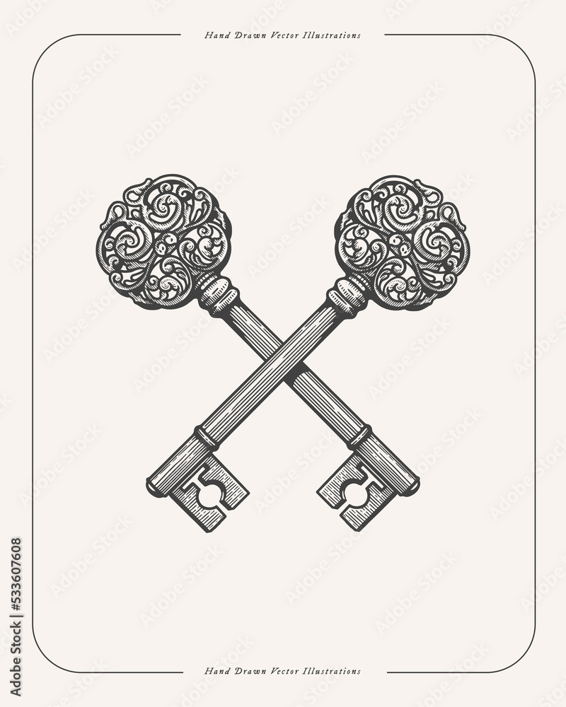 Carved crossed keys in engraving style. Two elegant keys with Victorian ...