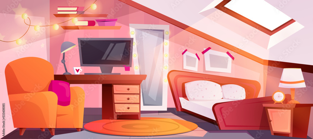 Cartoon attic interior of cozy girl bedroom with workspace for study ...