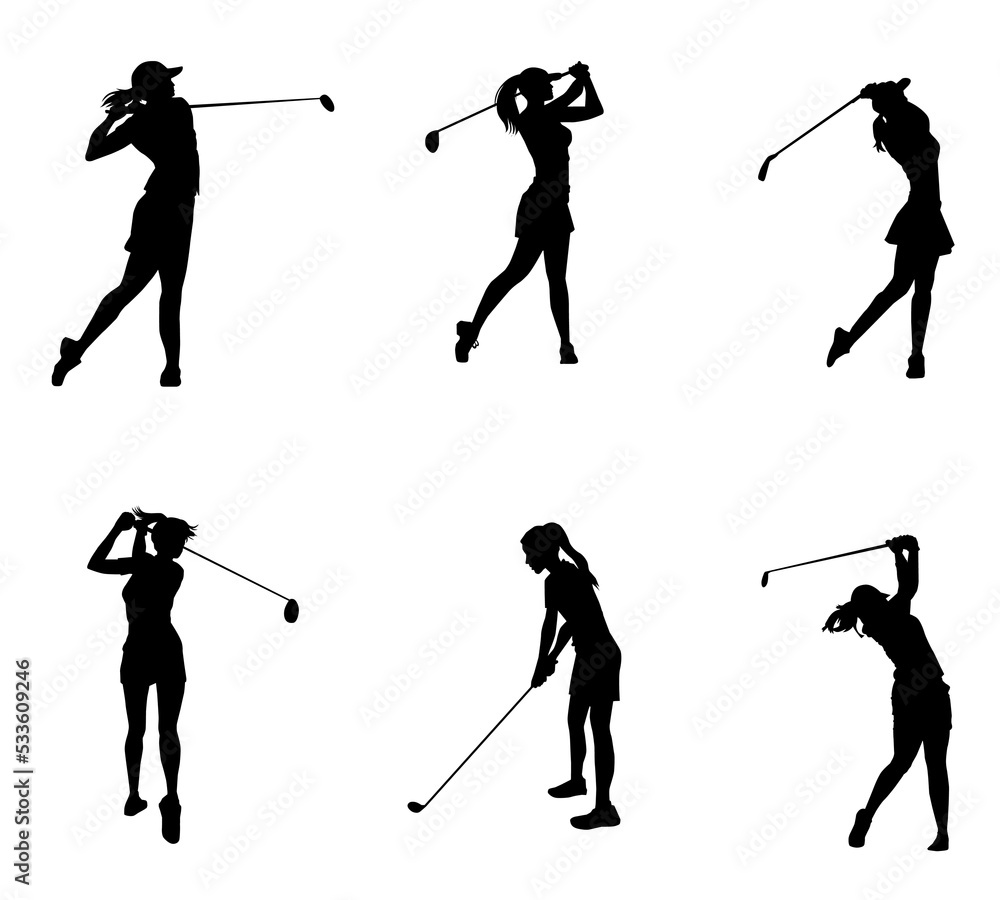 set of vector silhouette female professional golfer playing golf Stock ...