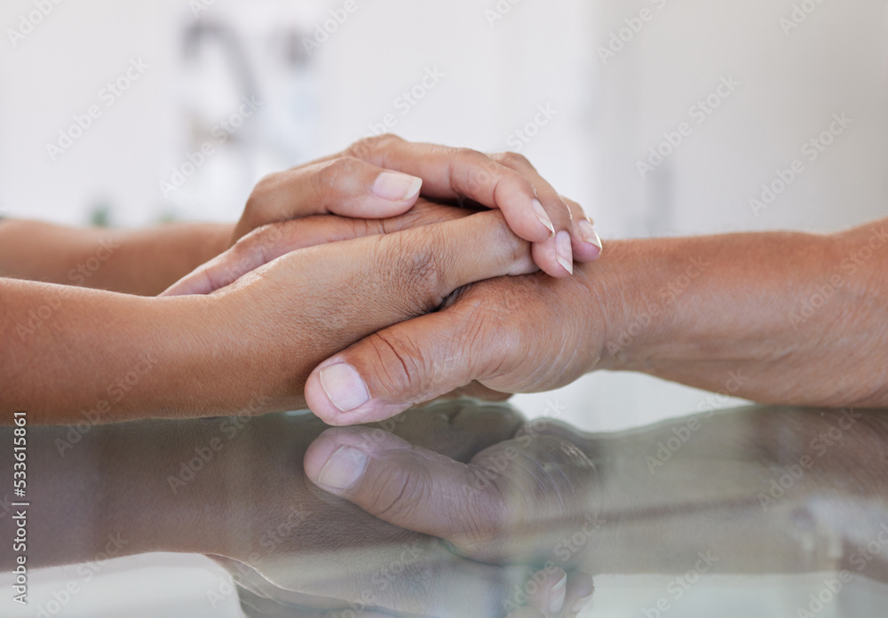 Zoom, love and people holding hands for support, care and support for ...